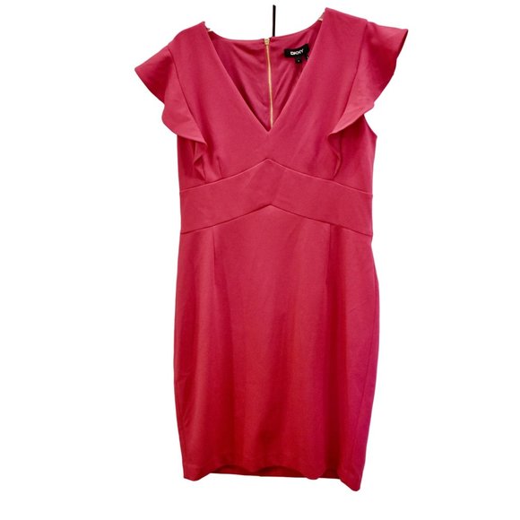 Dkny | Dresses | New Dkny Hot Pink Pencil Dress Ruffle Sleeve Zip Back ...